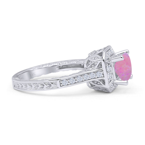 14K White Gold Art Deco Princess Cut Halo Lab Created Pink Opal Ring ...