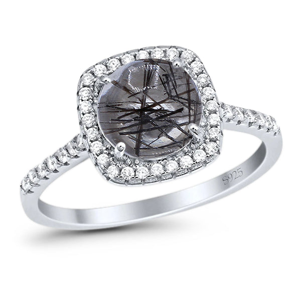 Art Deco Round Natural Rutilated Quartz Wedding Halo Ring 925 Sterling ...