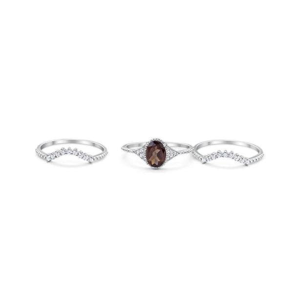 Three Piece Oval Natural Chocolate Smoky Quartz Beaded Ring 925 Sterli ...