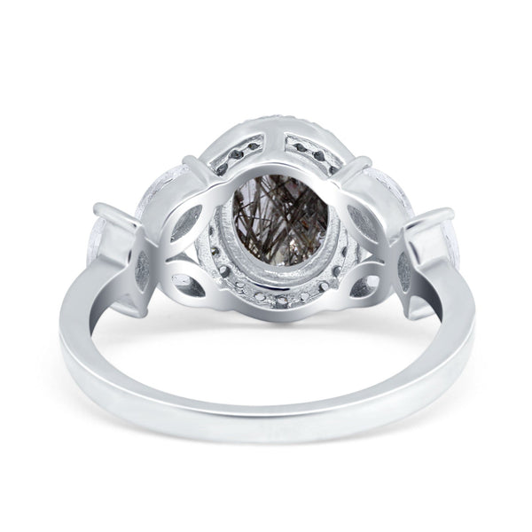Oval Natural Rutilated Quartz Halo Vintage Style Accent Ring 925 Sterl ...