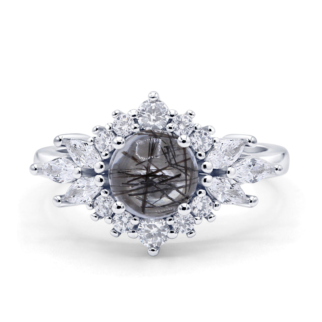 Art Deco Round Natural Rutilated Quartz Engagement Ring With CZ Accent ...