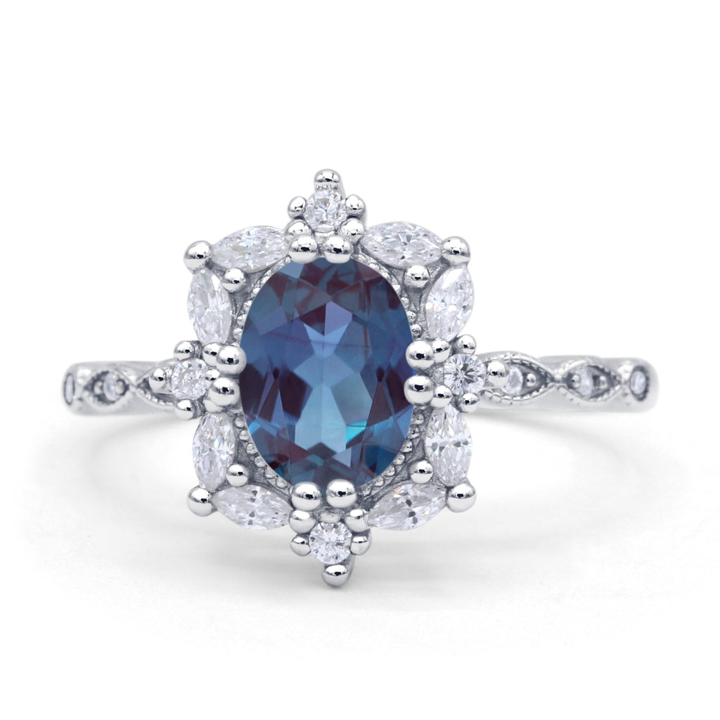 Art Deco Oval Lab Alexandrite Halo Ballerina Style Engagement Ring ...