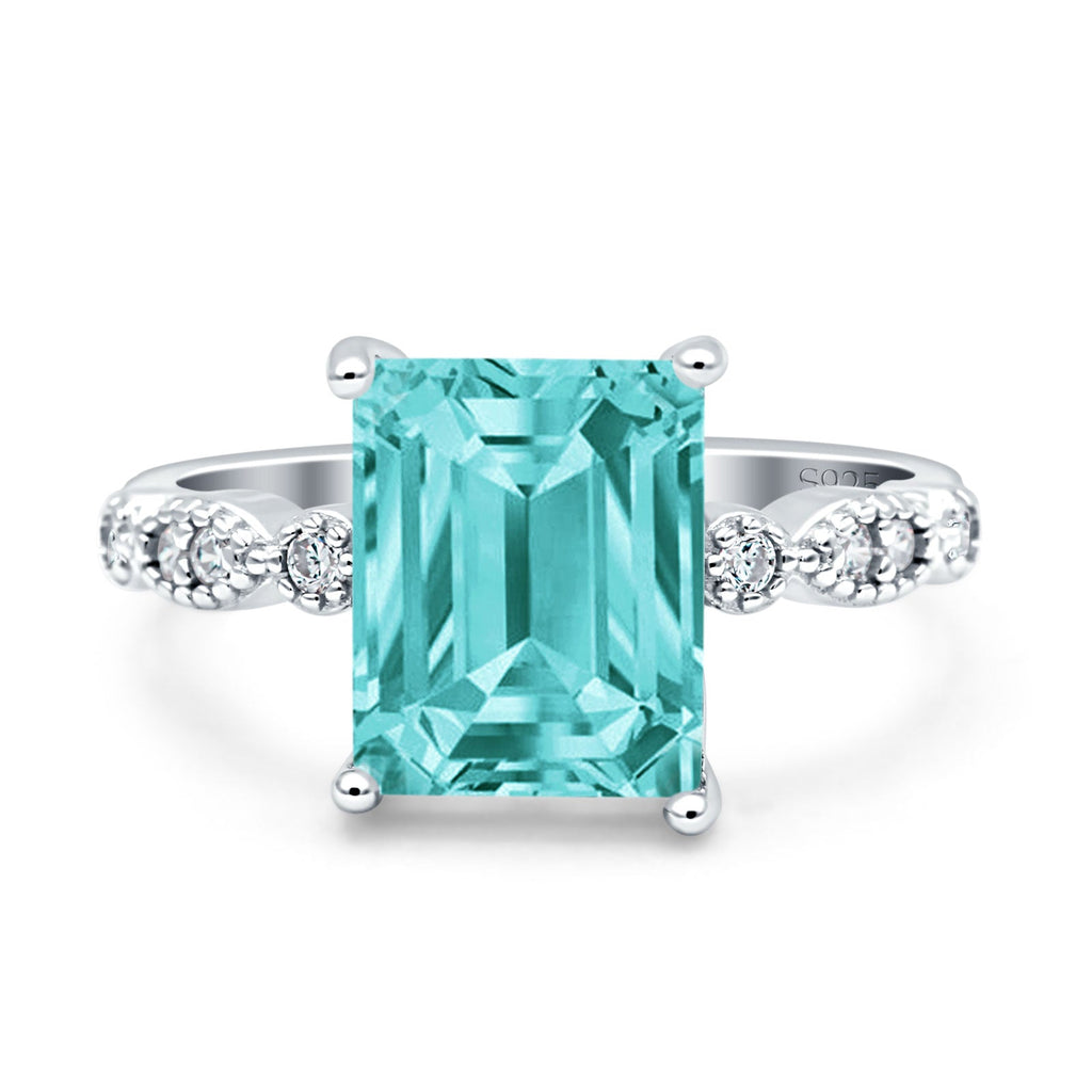 Vintage Emerald Cut Engagement Ring Simulated Cubic Zirconia 925 Sterl ...