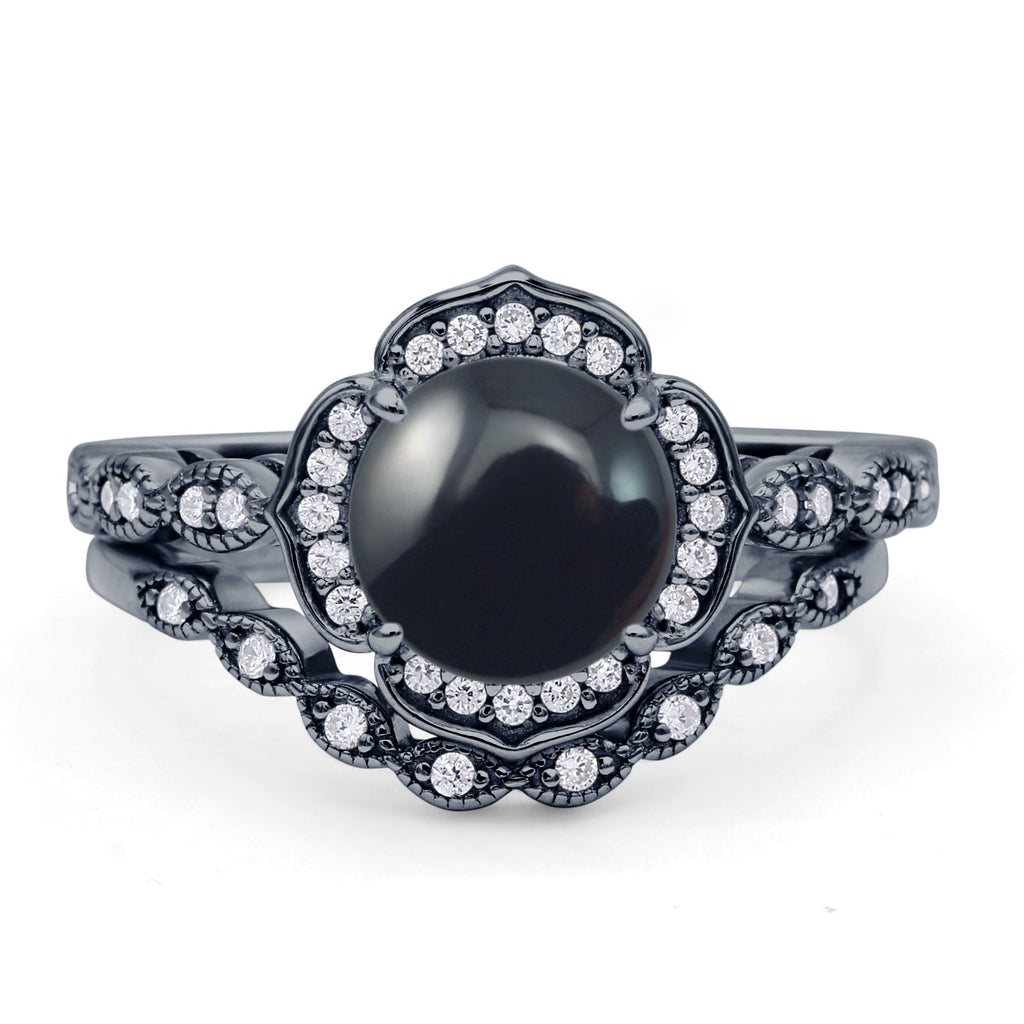 Vintage Style Round Natural Black Onyx Floral Bridal Set Engagement Ri ...