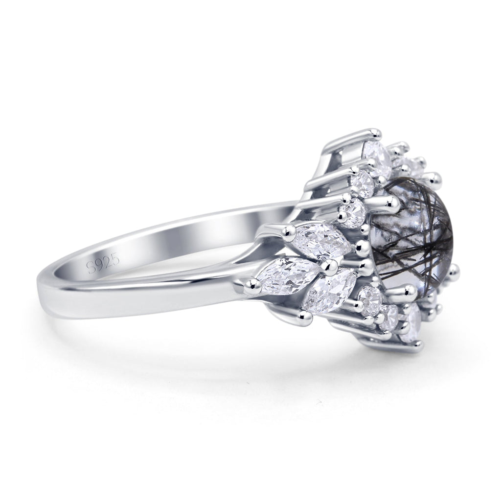 Art Deco Round Natural Rutilated Quartz Engagement Ring With CZ Accent ...