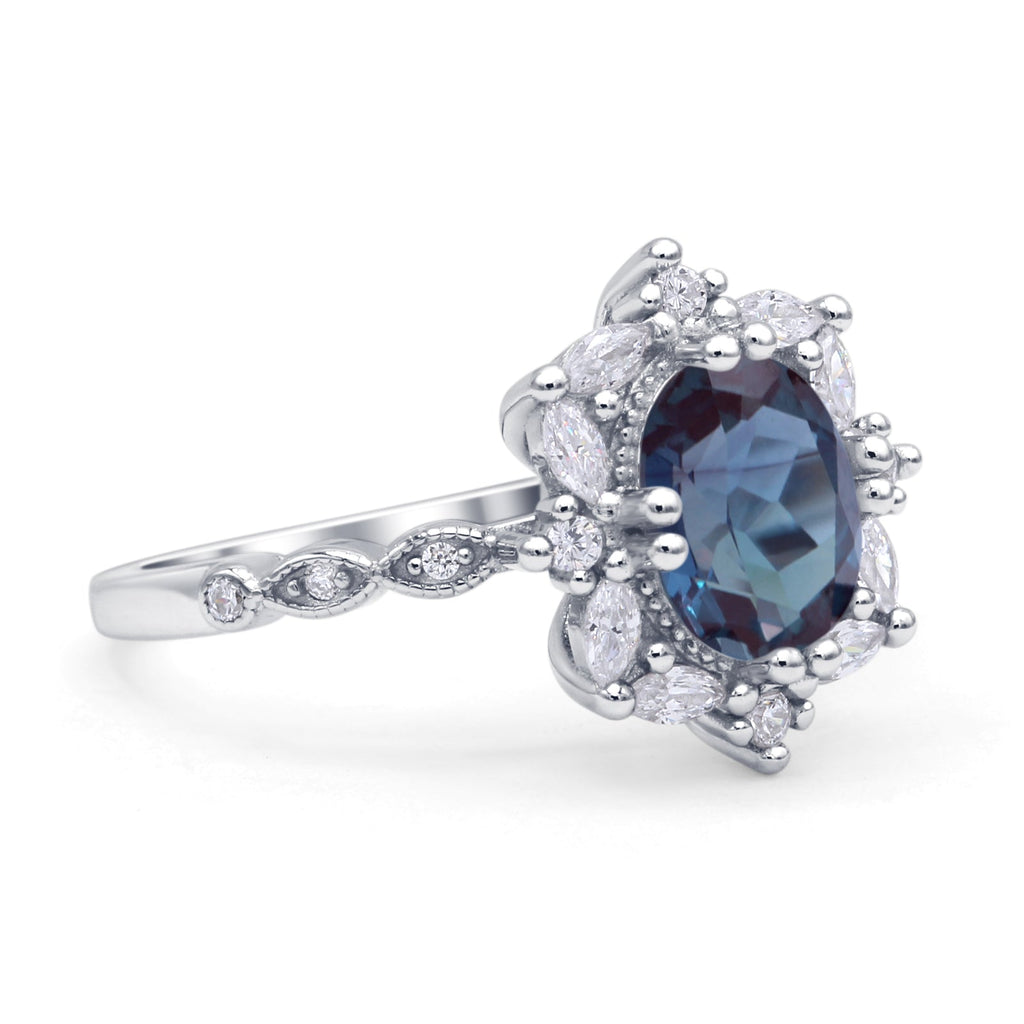Art Deco Oval Lab Alexandrite Halo Ballerina Style Engagement Ring ...