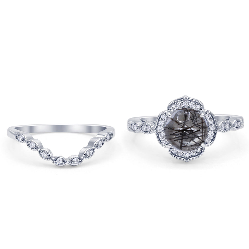 Vintage Style Round Natural Rutilated Quartz Floral Bridal Set Engagem ...