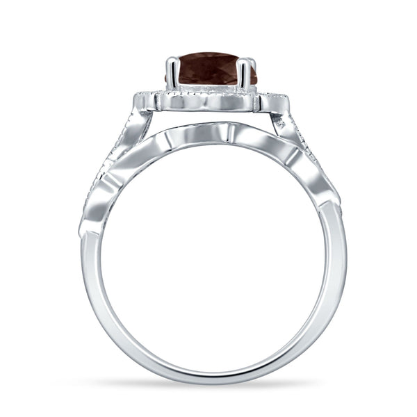 Two Piece Round Natural Chocolate Smoky Quartz Halo Floral Ring 925 St ...