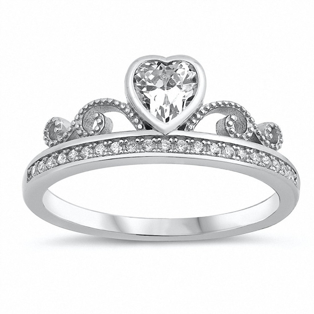 Filigree Heart Crown Promise Ring Heart Round Cubic Zirconia 925 Sterl ...