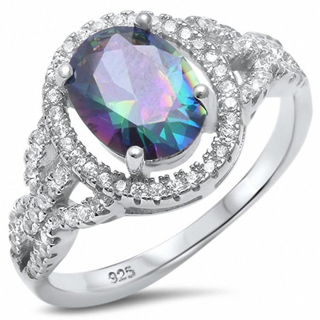 Halo Ring Oval Rainbow Cubic Zirconia 925 Sterling Silver Choose Color ...