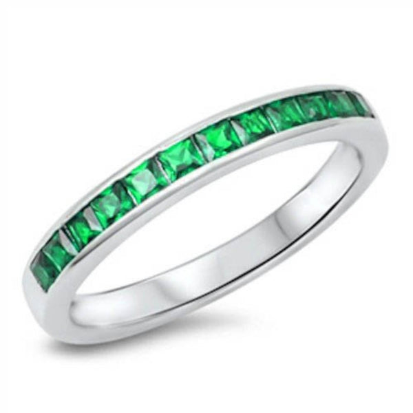 3mm Half Eternity Invisible Princess Cut Emerald Green CZ Band Ring Ma ...